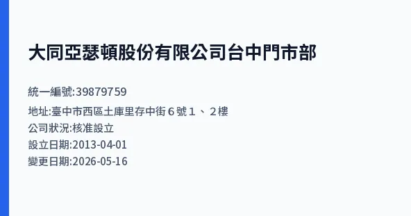 大同亞瑟頓股份有限公司台中門市部的照片-統編 39879759(臺中市) 公司登記資料與營業項目詳細圖表