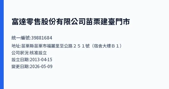 富達零售股份有限公司苗栗建臺門市的照片-統編 39881684(苗栗縣) 公司登記資料與營業項目詳細圖表
