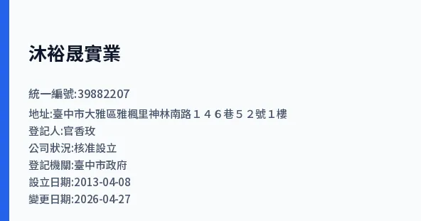 沐裕晟實業的照片-統編 39882207(臺中市) 公司登記資料與營業項目詳細圖表