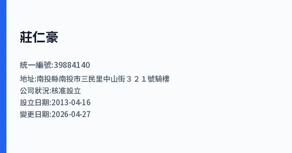 莊仁豪的照片-統編 39884140(南投縣) 公司登記資料與營業項目詳細圖表
