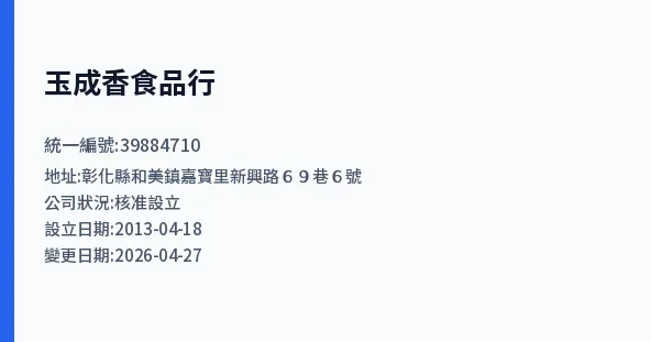 玉成香食品行的照片-統編 39884710(彰化縣) 公司登記資料與營業項目詳細圖表