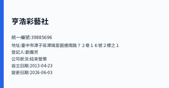 亨浩彩藝社的照片-統編 39885696(臺中市) 公司登記資料與營業項目詳細圖表