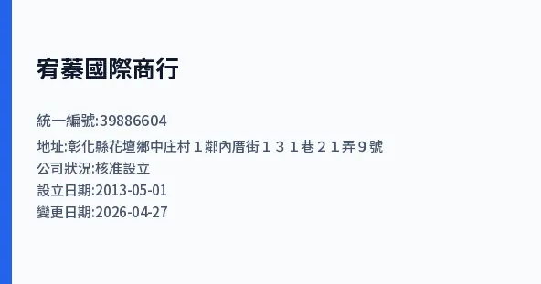 宥蓁國際商行的照片-統編 39886604(彰化縣) 公司登記資料與營業項目詳細圖表