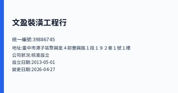 文盈裝潢工程行的照片-統編 39886745(臺中市) 公司登記資料與營業項目詳細圖表