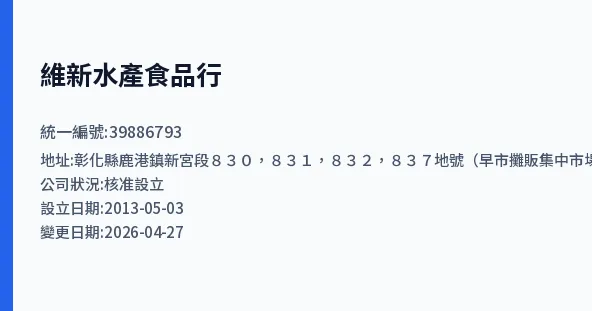維新水產食品行的照片-統編 39886793(彰化縣) 公司登記資料與營業項目詳細圖表