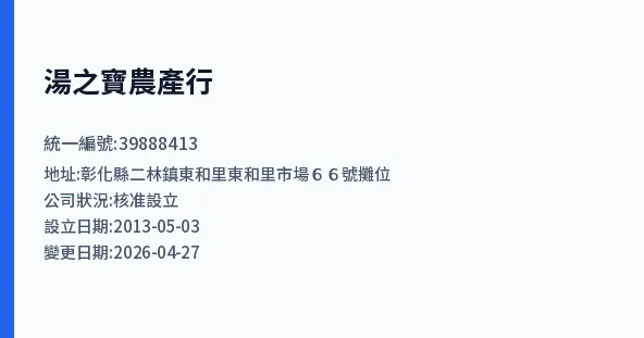 湯之寶農產行的照片-統編 39888413(彰化縣) 公司登記資料與營業項目詳細圖表
