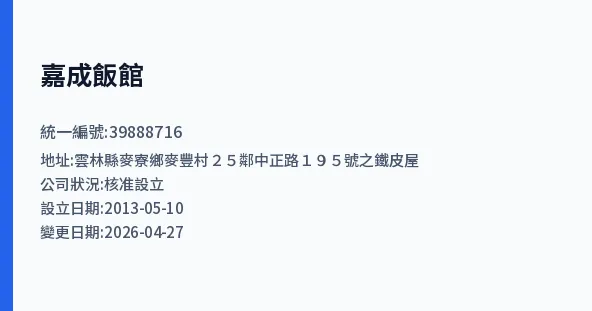 嘉成飯館的照片-統編 39888716(雲林縣) 公司登記資料與營業項目詳細圖表