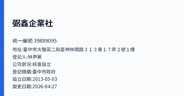 弼鑫企業社的照片-統編 39889095(臺中市) 公司登記資料與營業項目詳細圖表