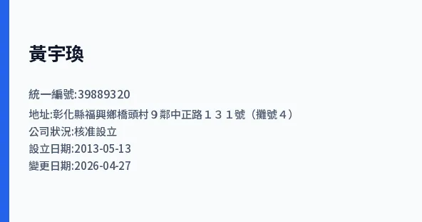 黃宇瑍的照片-統編 39889320(彰化縣) 公司登記資料與營業項目詳細圖表