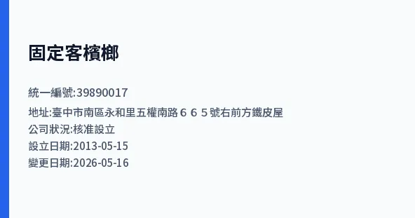 固定客檳榔的照片-統編 39890017(臺中市) 公司登記資料與營業項目詳細圖表