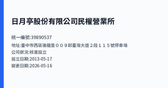 日月亭股份有限公司民權營業所的照片-統編 39890537(臺中市) 公司登記資料與營業項目詳細圖表