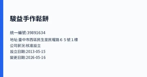 駿益手作鬆餅的照片-統編 39891634(臺中市) 公司登記資料與營業項目詳細圖表