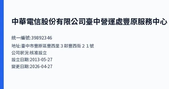 中華電信股份有限公司臺中營運處豐原服務中心的照片-統編 39892346(臺中市) 公司登記資料與營業項目詳細圖表