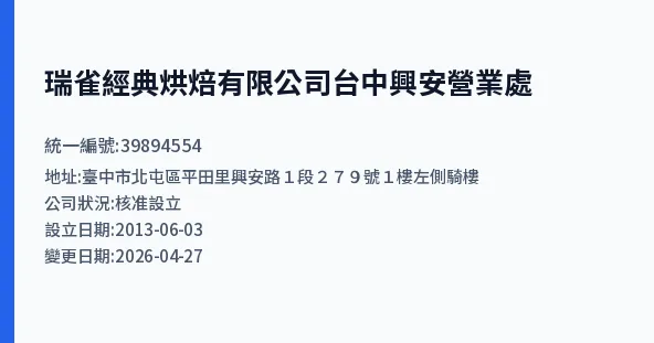 瑞雀經典烘焙有限公司台中興安營業處的照片-統編 39894554(臺中市) 公司登記資料與營業項目詳細圖表
