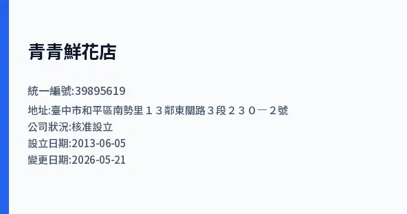 青青鮮花店的照片-統編 39895619(臺中市) 公司登記資料與營業項目詳細圖表