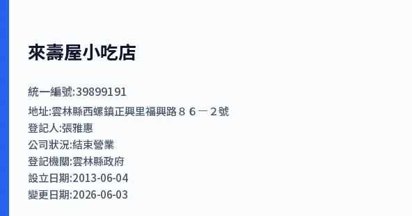 來壽屋小吃店的照片-統編 39899191(雲林縣) 公司登記資料與營業項目詳細圖表