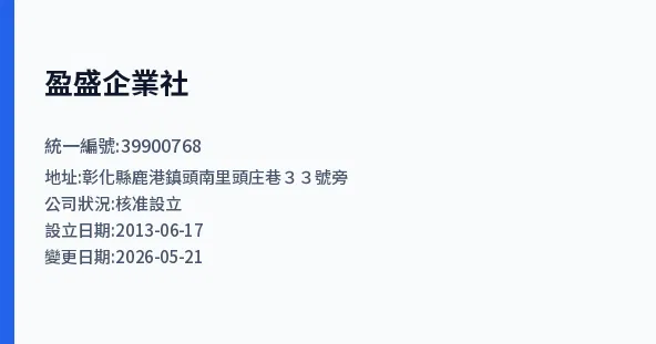 盈盛企業社的照片-統編 39900768(彰化縣) 公司登記資料與營業項目詳細圖表