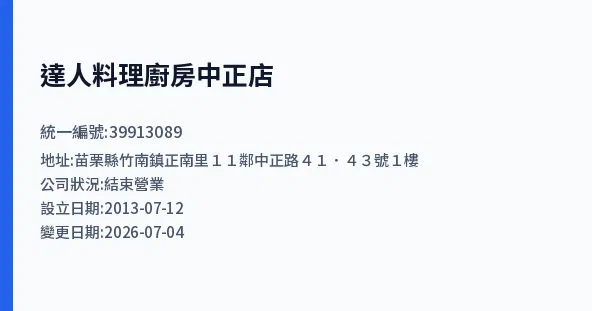 達人料理廚房中正店的照片-統編 39913089(苗栗縣) 公司登記資料與營業項目詳細圖表