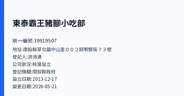 東泰霸王豬腳小吃部的照片-統編 39919507(南投縣) 公司登記資料與營業項目詳細圖表