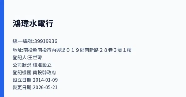 鴻瑋水電行的照片-統編 39919936(南投縣) 公司登記資料與營業項目詳細圖表