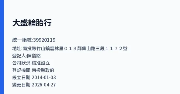 大盛輪胎行的照片-統編 39920119(南投縣) 公司登記資料與營業項目詳細圖表