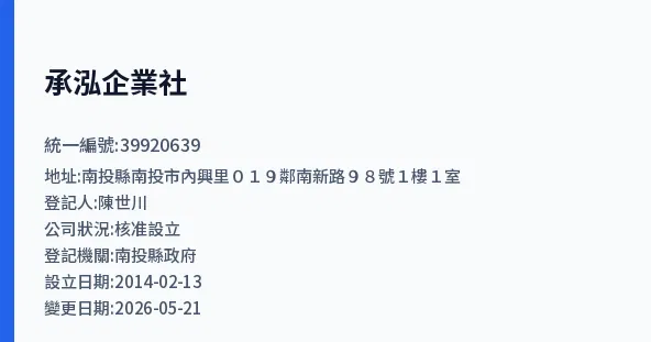 承泓企業社的照片-統編 39920639(南投縣) 公司登記資料與營業項目詳細圖表