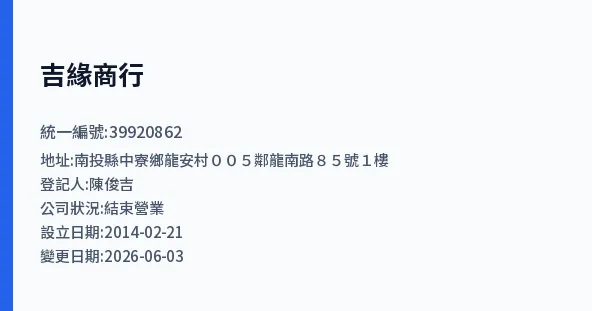 吉緣商行的照片-統編 39920862(南投縣) 公司登記資料與營業項目詳細圖表