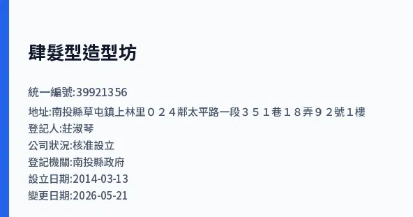肆髮型造型坊的照片-統編 39921356(南投縣) 公司登記資料與營業項目詳細圖表