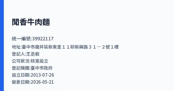 聞香牛肉麵的照片-統編 39922117(臺中市) 公司登記資料與營業項目詳細圖表