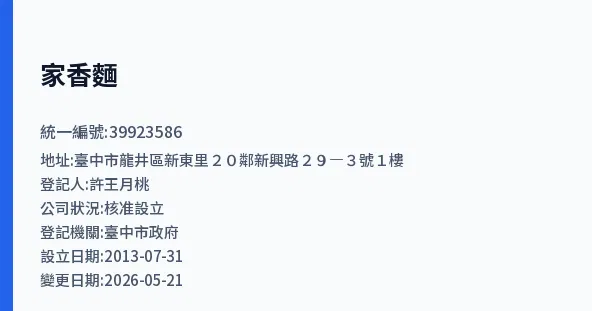 家香麵的照片-統編 39923586(臺中市) 公司登記資料與營業項目詳細圖表