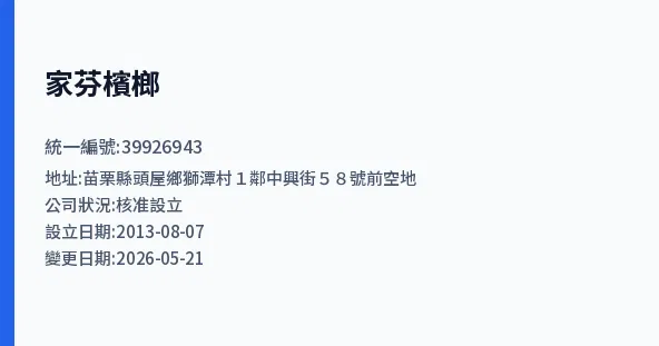 家芬檳榔的照片-統編 39926943(苗栗縣) 公司登記資料與營業項目詳細圖表
