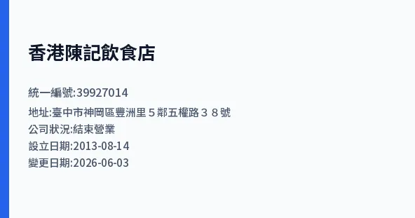 香港陳記飲食店的照片-統編 39927014(臺中市) 公司登記資料與營業項目詳細圖表