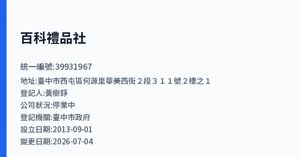 百科禮品社的照片-統編 39931967(臺中市) 公司登記資料與營業項目詳細圖表
