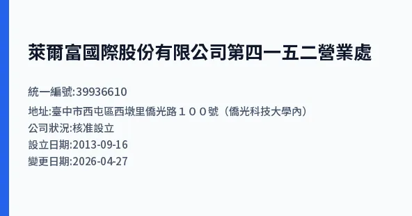 萊爾富國際股份有限公司第四一五二營業處的照片-統編 39936610(臺中市) 公司登記資料與營業項目詳細圖表