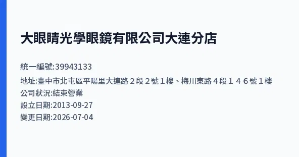 大眼睛光學眼鏡有限公司大連分店的照片-統編 39943133(臺中市) 公司登記資料與營業項目詳細圖表