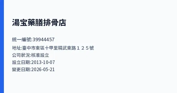 湯宝藥膳排骨店的照片-統編 39944457(臺中市) 公司登記資料與營業項目詳細圖表