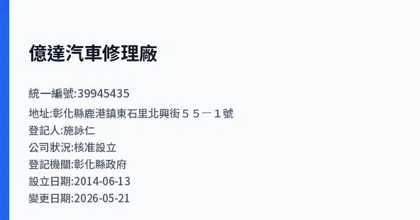 億達汽車修理廠的照片-統編 39945435(彰化縣) 公司登記資料與營業項目詳細圖表