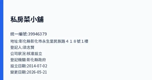 私房菜小舖的照片-統編 39946379(彰化縣) 公司登記資料與營業項目詳細圖表