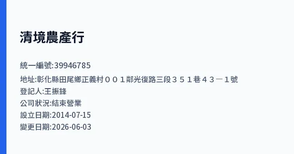 清境農產行的照片-統編 39946785(彰化縣) 公司登記資料與營業項目詳細圖表