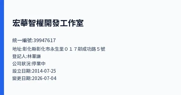 宏華智權開發工作室的照片-統編 39947617(彰化縣) 公司登記資料與營業項目詳細圖表