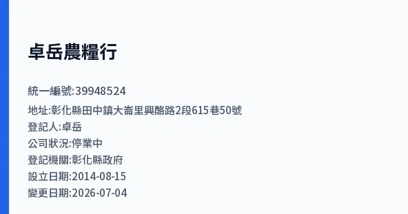 卓岳農糧行的照片-統編 39948524(彰化縣) 公司登記資料與營業項目詳細圖表