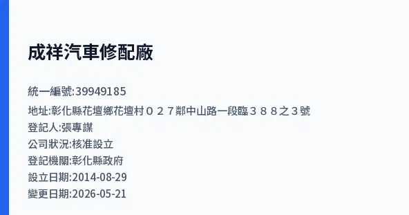 成祥汽車修配廠的照片-統編 39949185(彰化縣) 公司登記資料與營業項目詳細圖表