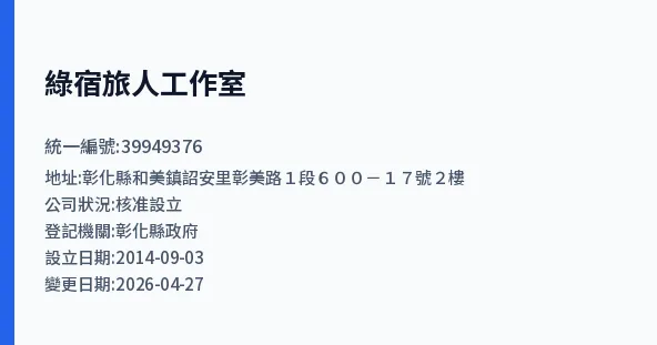 綠宿旅人工作室的照片-統編 39949376(彰化縣) 公司登記資料與營業項目詳細圖表