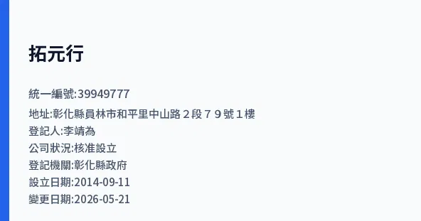 拓元行的照片-統編 39949777(彰化縣) 公司登記資料與營業項目詳細圖表