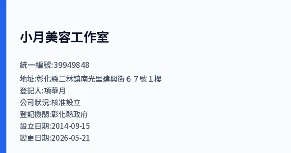 小月美容工作室的照片-統編 39949848(彰化縣) 公司登記資料與營業項目詳細圖表