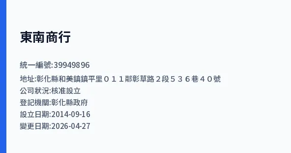 東南商行的照片-統編 39949896(彰化縣) 公司登記資料與營業項目詳細圖表