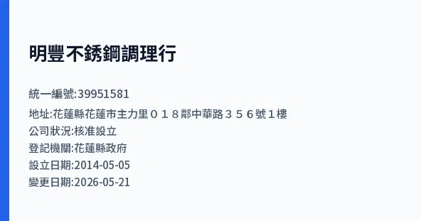 明豐不銹鋼調理行的照片-統編 39951581(花蓮縣) 公司登記資料與營業項目詳細圖表