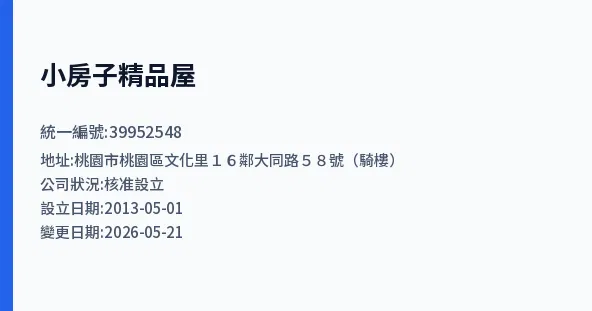 小房子精品屋的照片-統編 39952548(桃園市) 公司登記資料與營業項目詳細圖表