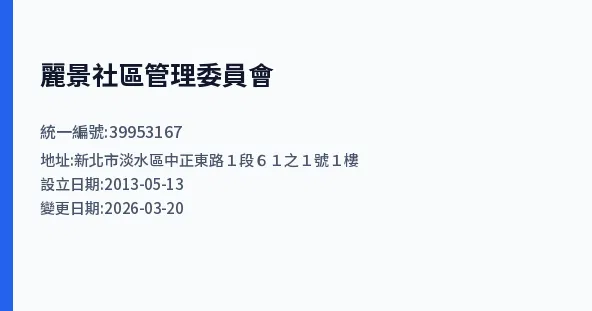 麗景社區管理委員會的照片-統編 39953167(新北市) 公司登記資料與營業項目詳細圖表