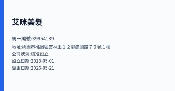 艾咪美髮的照片-統編 39954139(桃園市) 公司登記資料與營業項目詳細圖表